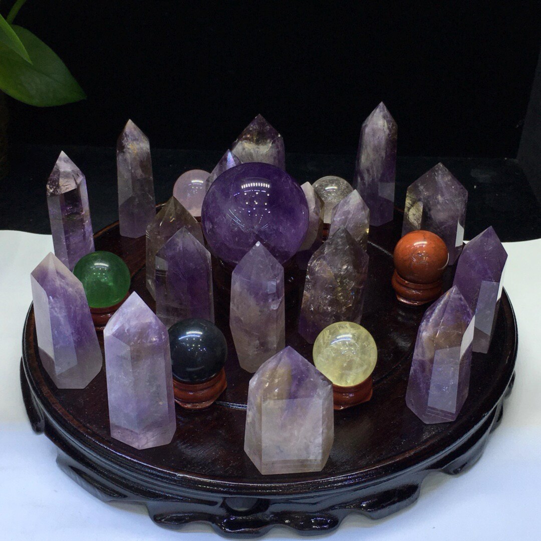 Amethyst Crystal Grid Set: Ametrine Towers, Gemstone Spheres, Wood Base ...