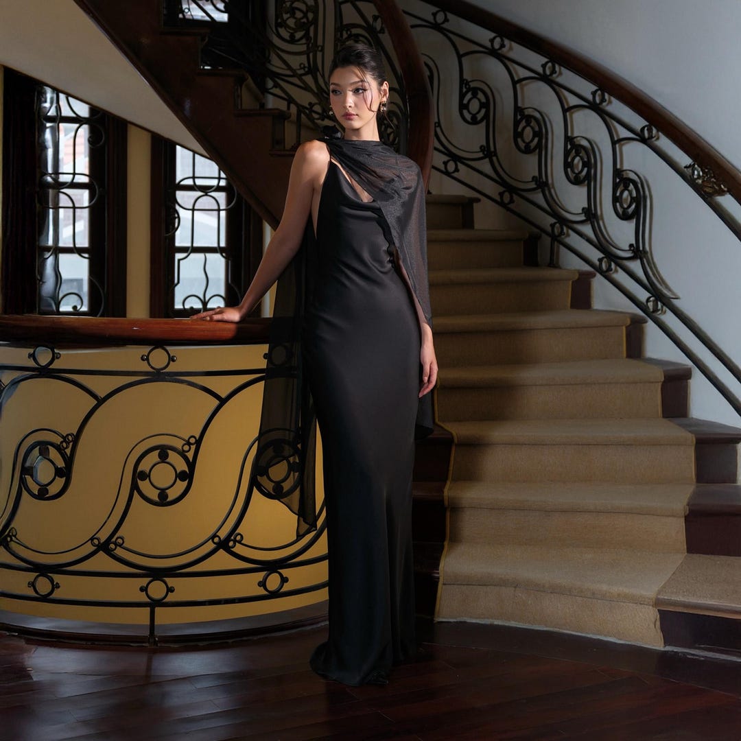 Black Silk Evening Gown With Shawl, Backless Cowl Neck Dress, Elegant ...