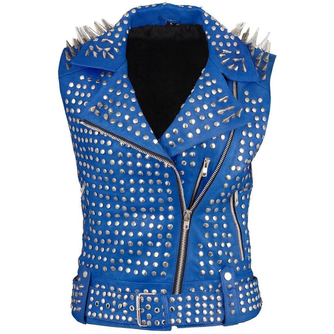 Blue Studded Leather Vest: Punk Rock Spiked Biker Waistcoat - Etsy UK