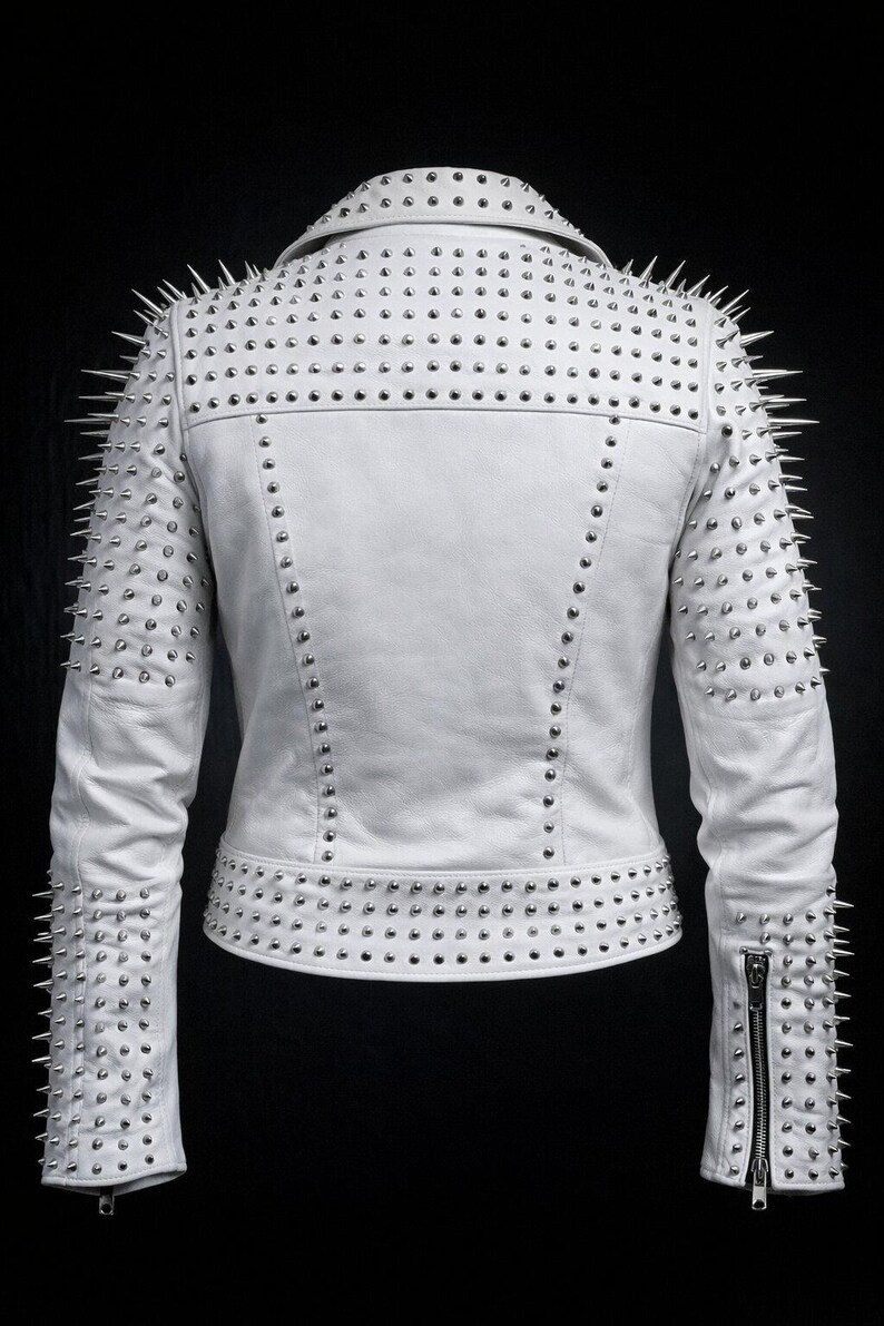 White Spiked Leather Biker Jacket Gothic Punk Studded Moto Coat, Women ...