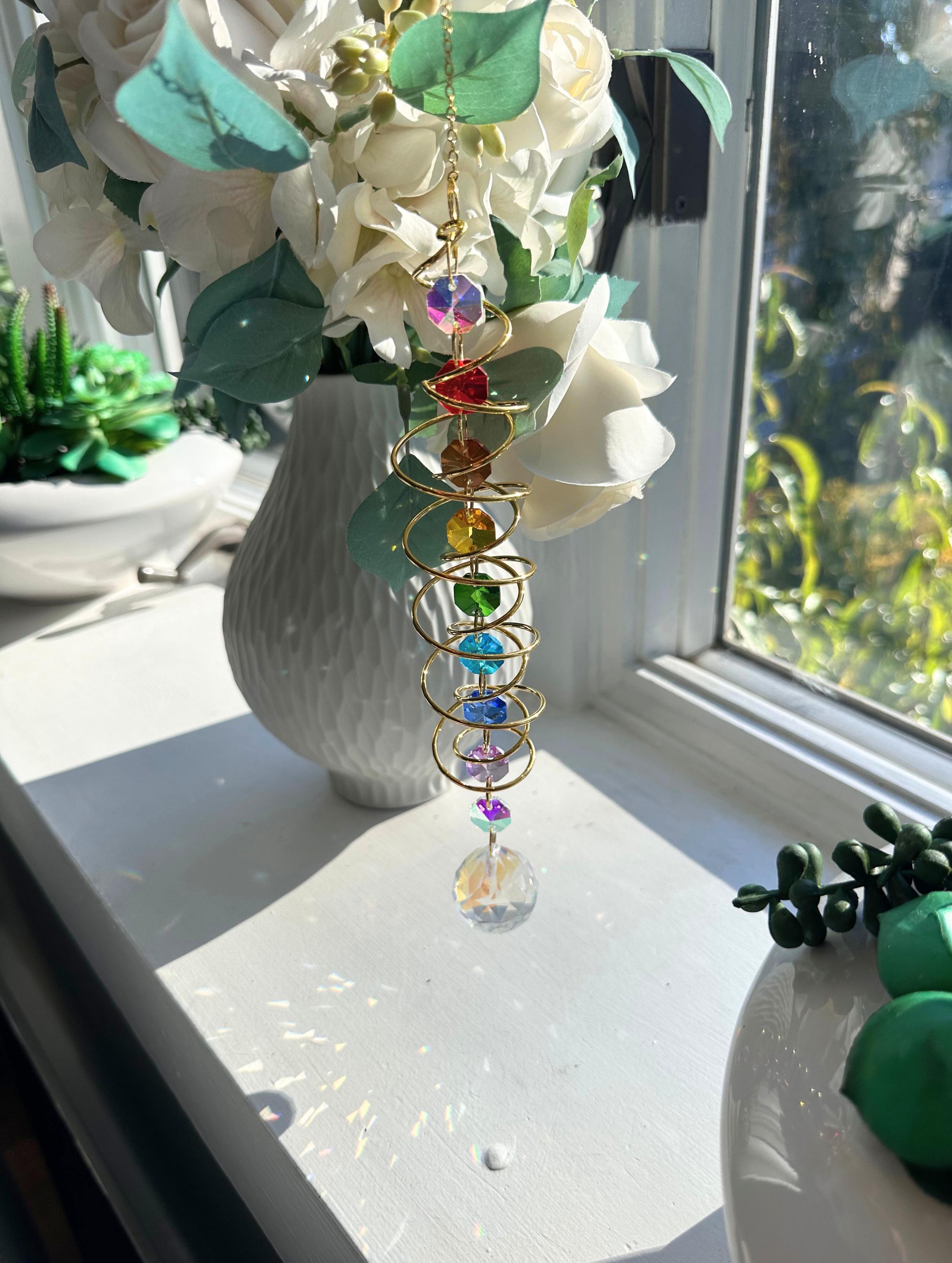 7 Chakra Crystal Suncatcher, Gold Spiral Rainbow Prism Boho Window ...