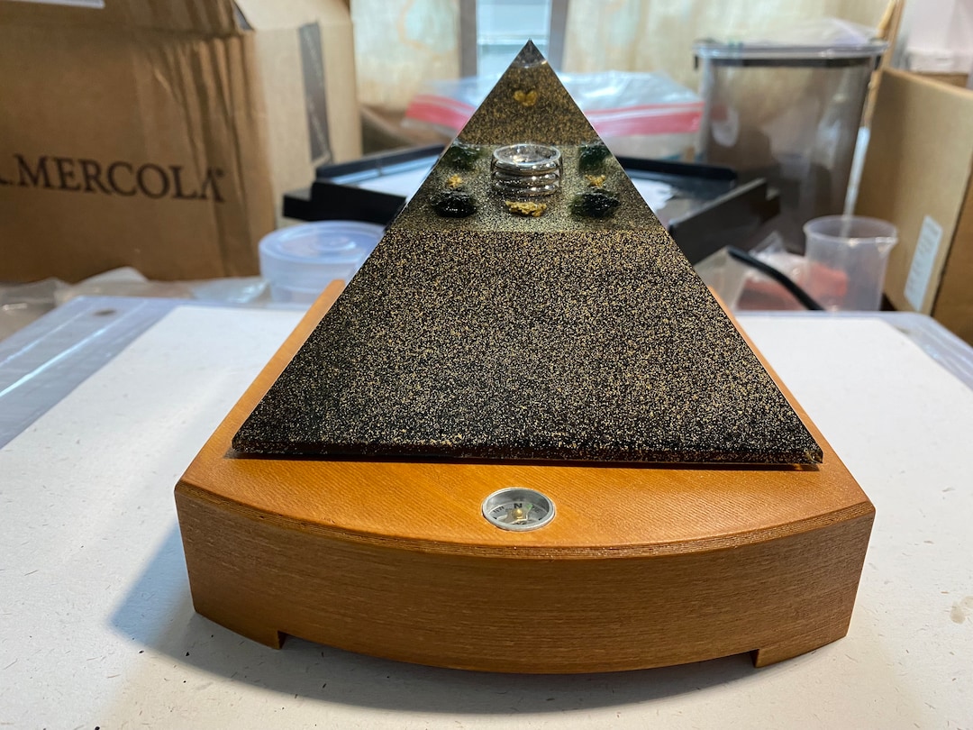 Moldavite and Gold 140mm Orgone Pyramid with Atlantis ring and wood ...
