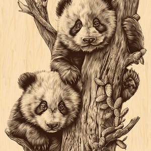 Baby Panda Engraving PNG | Cute Animal Wood Art | Adorable Bear Cubs in ...