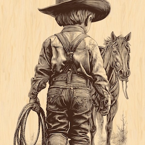 Little Cowboy With Horse PNG | Rustic Western Engraving Digital File ...