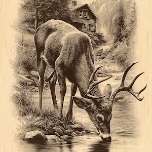 Deer Drinking River PNG – Rustic Cabin Scene Laser Engraving File for ...