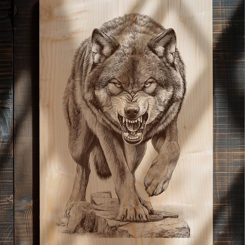 Fierce Wolf Engraving PNG | Aggressive Woodland Wolf Art | High-detail ...