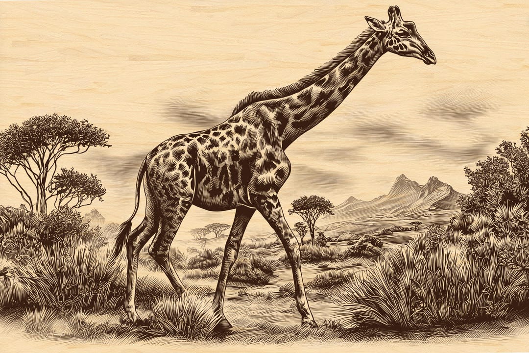 Giraffe Safari Engraving PNG | High-detail Wildlife Wood Art | Rustic ...