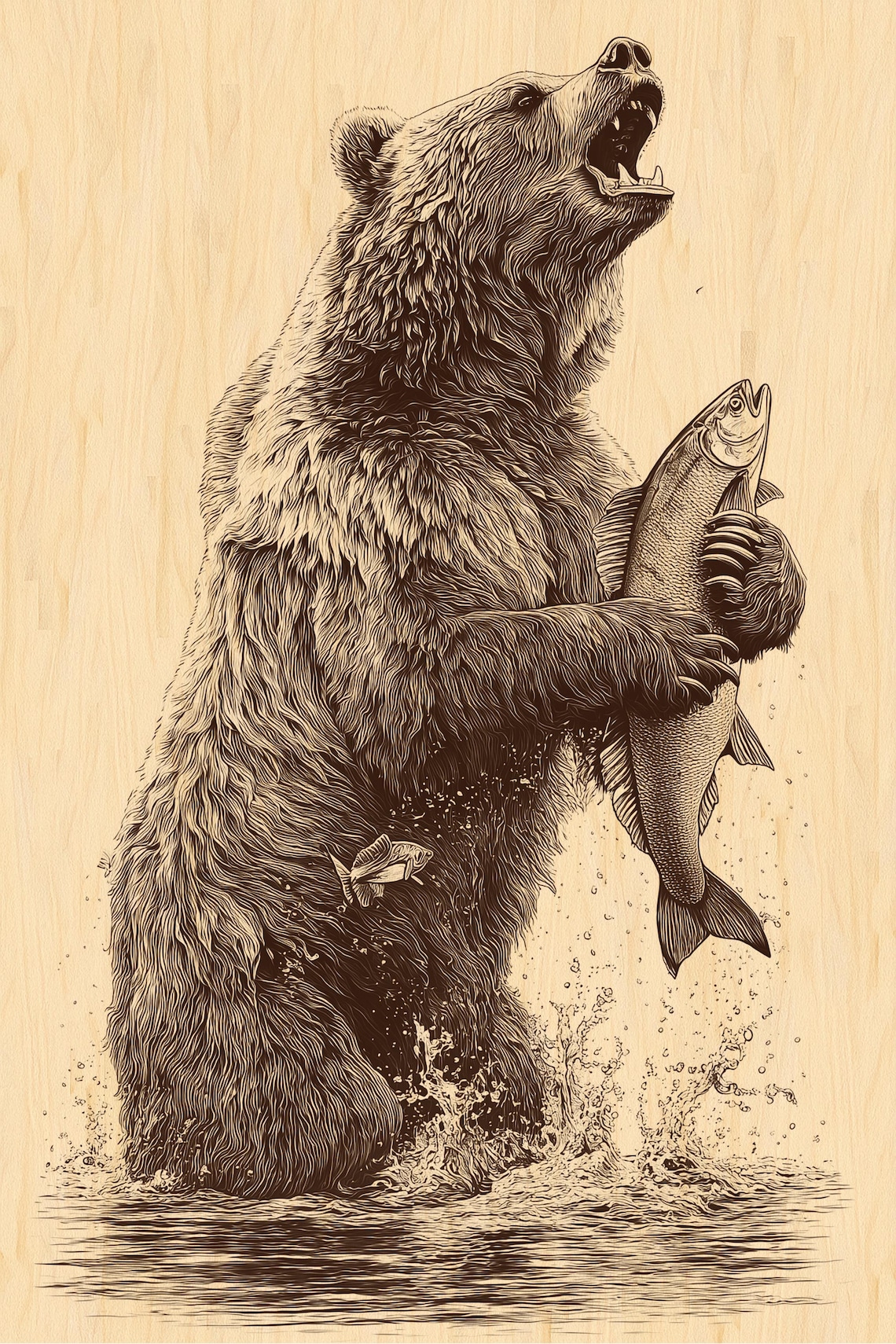 Rustic Grizzly Bear Engraving PNG | Wild Salmon Catch Wood Art | High ...