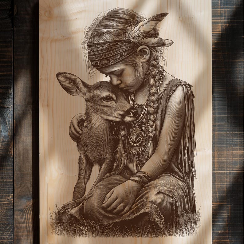 Native Girl With Deer Engraving PNG | Rustic Tribal Spirit Clipart ...