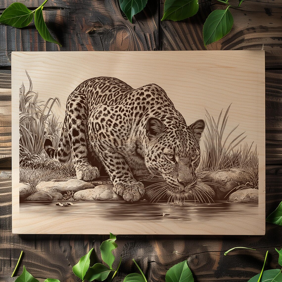 Leopard Drinking at River | Wild Cat Wood Engraving PNG | High-detail ...