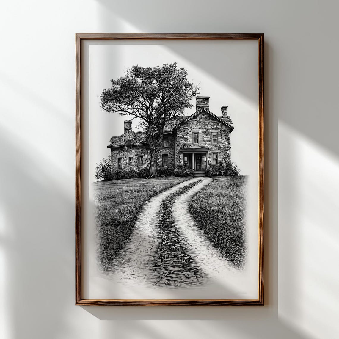 Rustic Stone Farmhouse Wood Engraving | Country Estate Illustration ...