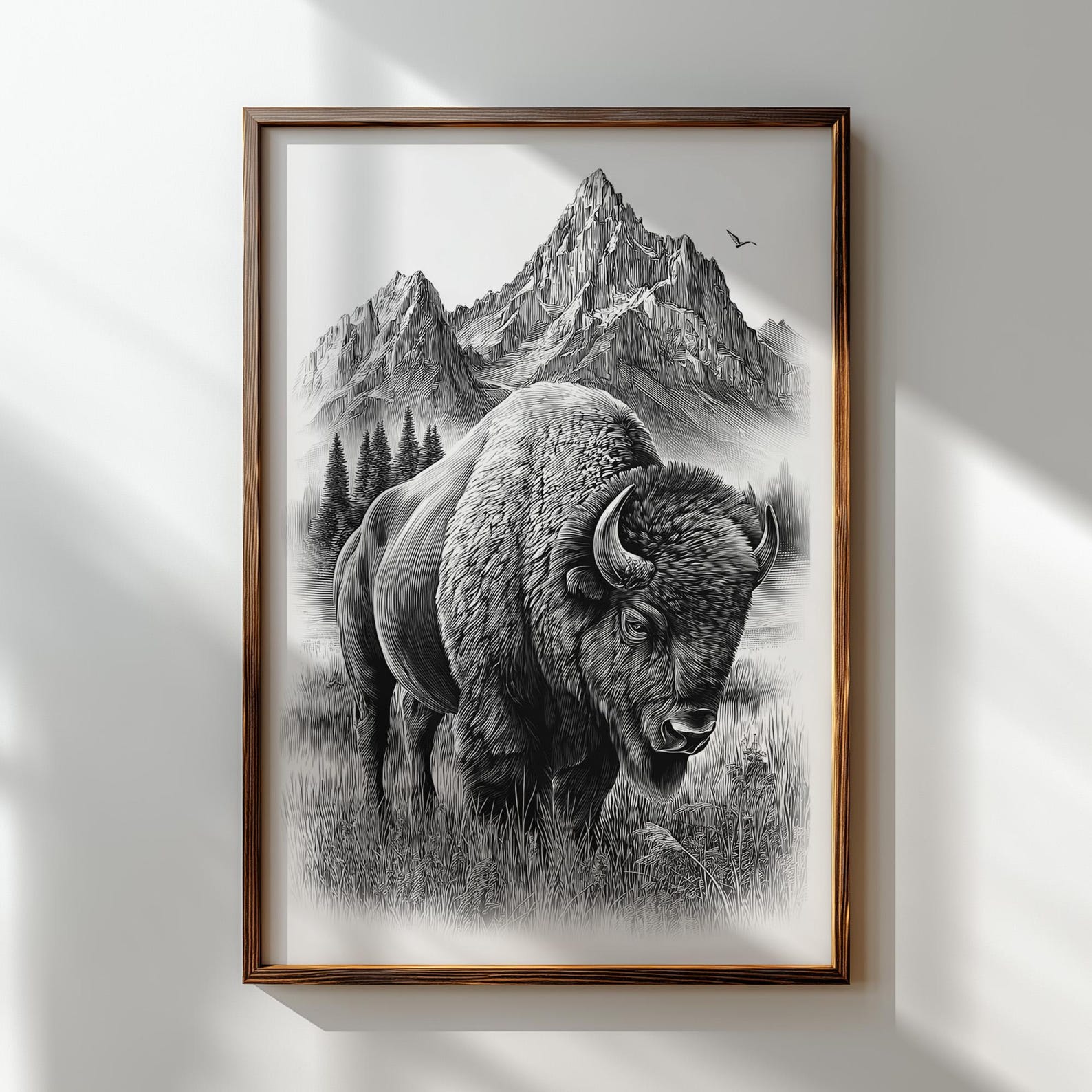 Majestic Bison in Mountain Valley | Rustic Wildlife Engraving PNG ...