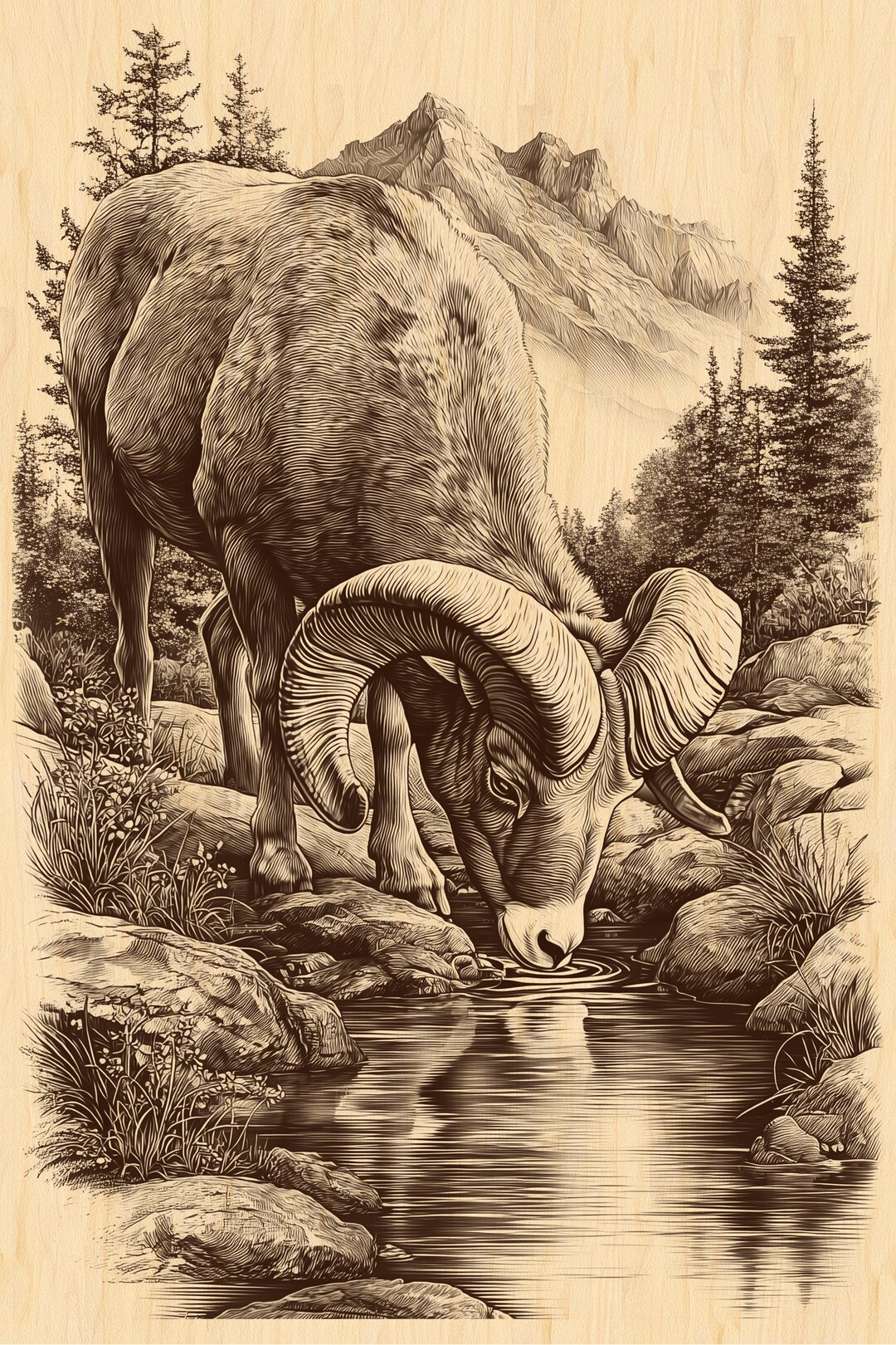 Bighorn Sheep Engraving PNG | Mountain Wildlife Rustic Lodge Art | Ram ...