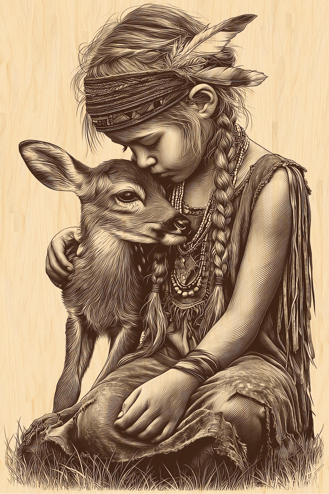 Native Girl With Deer Engraving PNG | Rustic Tribal Spirit Clipart ...