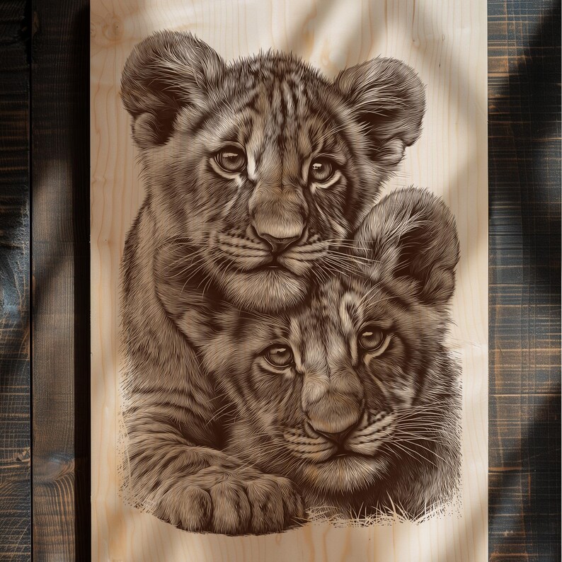 Lion Cubs PNG | Rustic Wildlife Engraving Digital File | Baby Lions ...