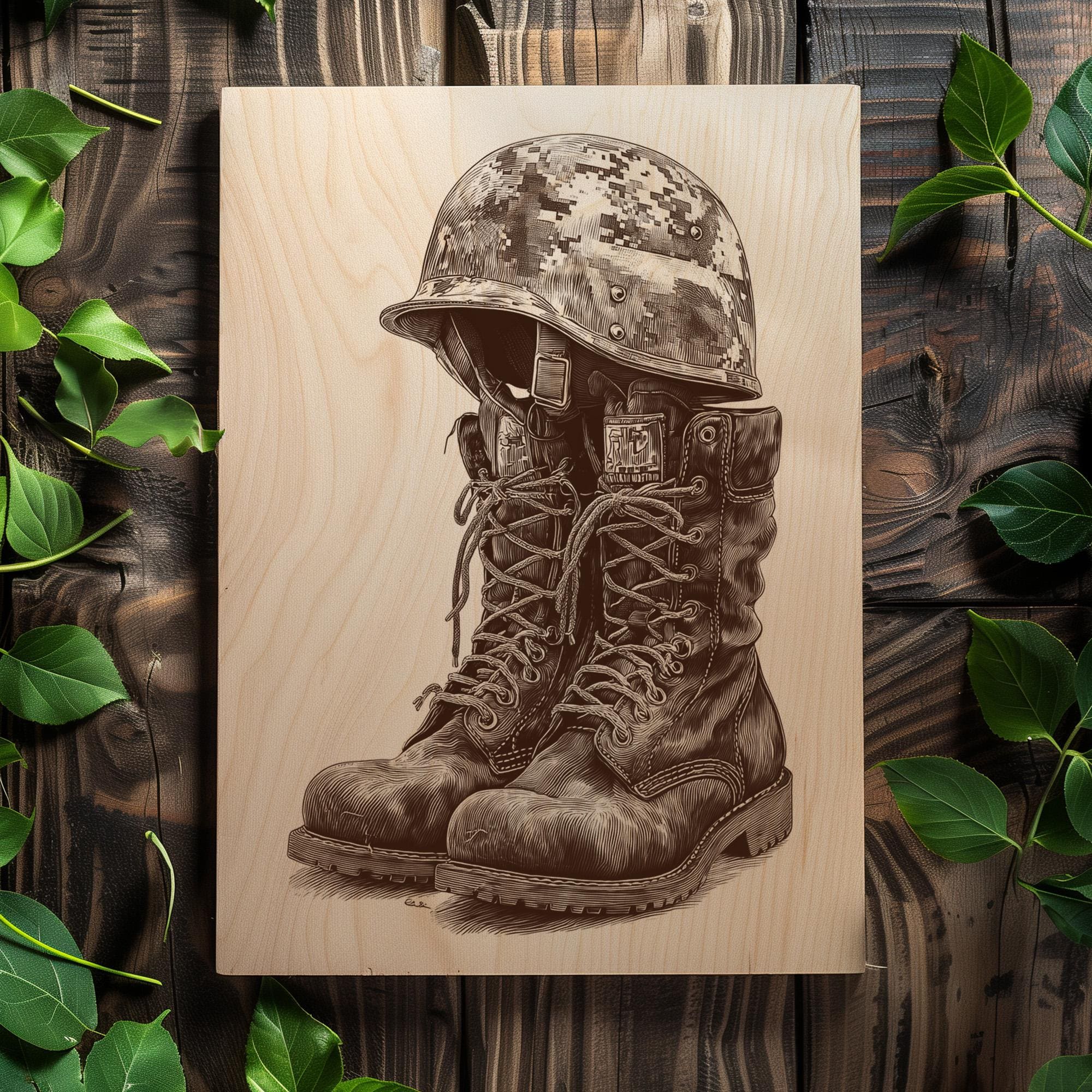 Military Boots Wood Engraving PNG | Tactical Soldier Gear Art | Rustic ...