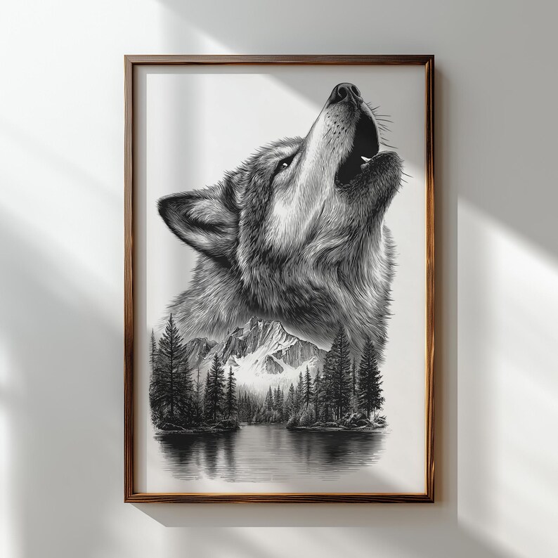 Howling Wolf Engraving PNG | Mountain Forest Wood Art | Wilderness ...