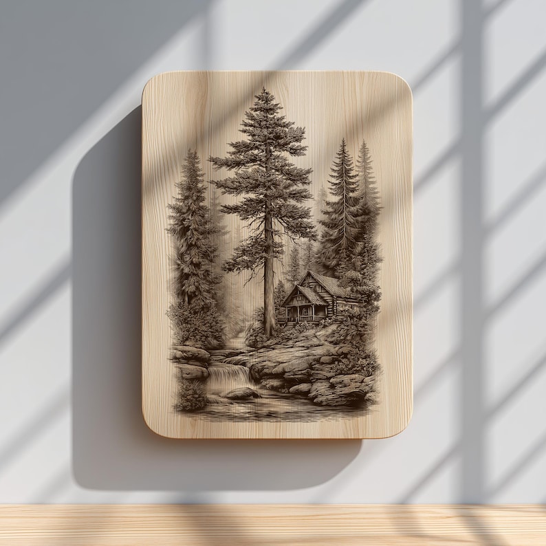 Forest Haven Cabin Engraving PNG | Riverside Landscape Laser Engraving ...