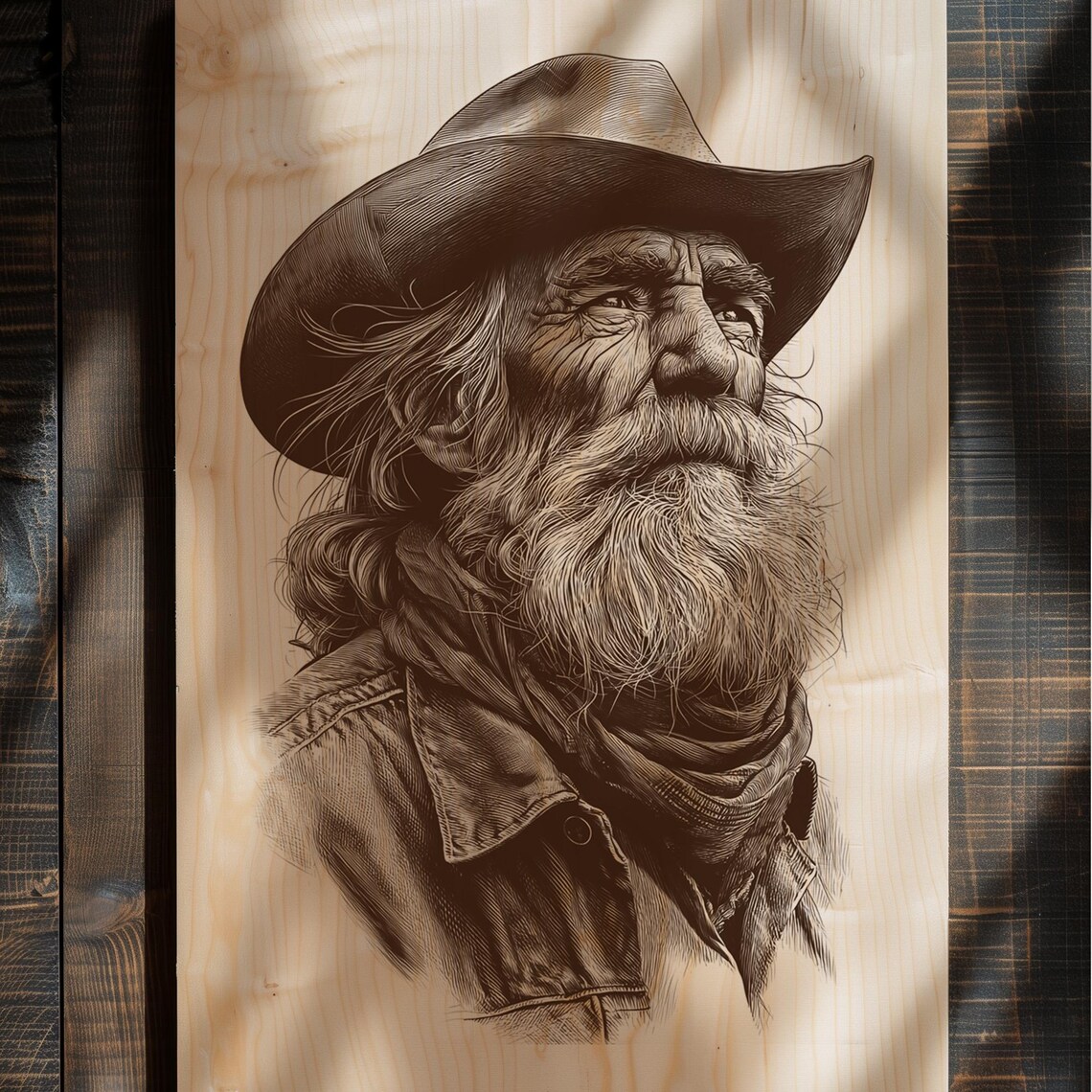 The Old Cowboy Engraving PNG | Western Rustic Portrait Laser Engraving ...