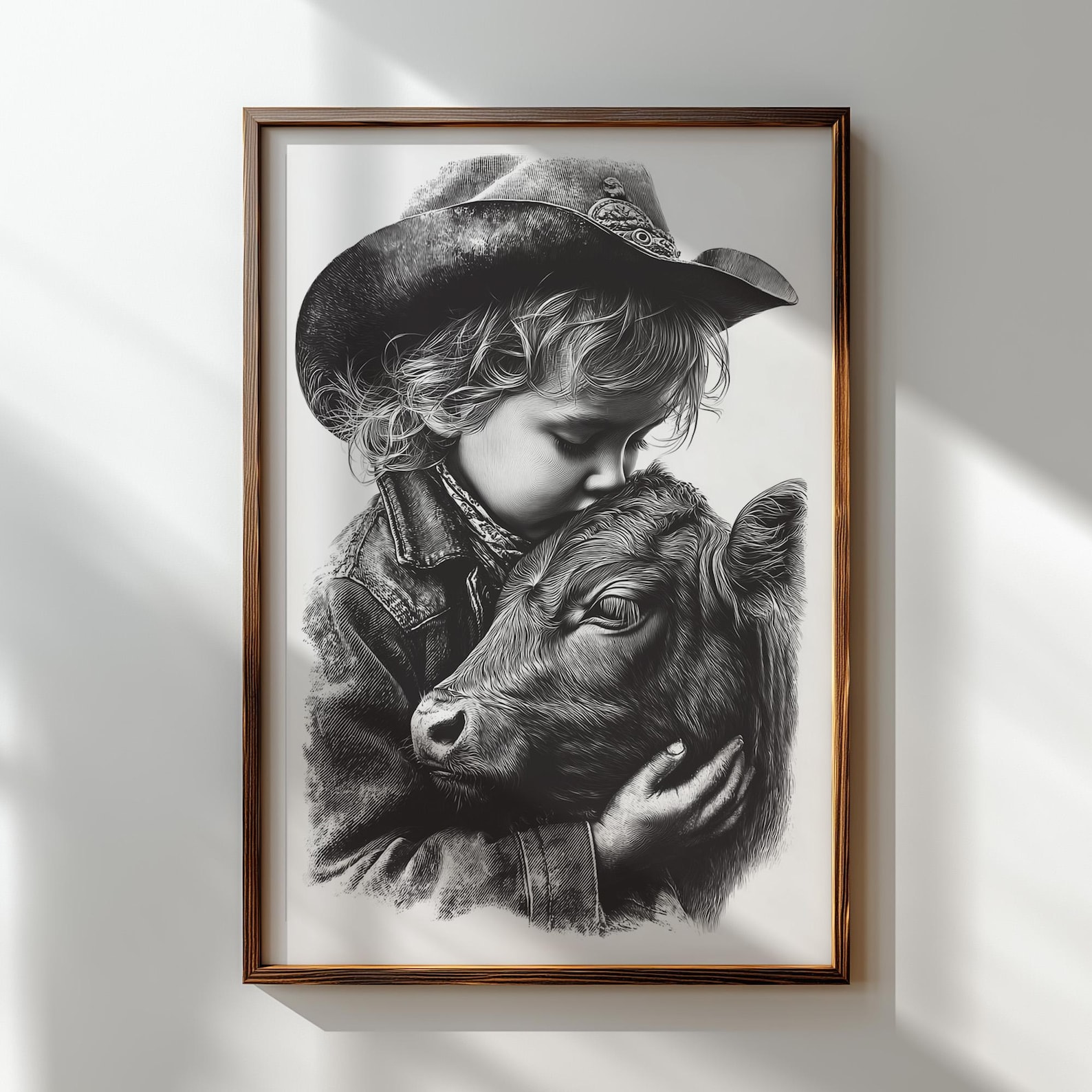 Cowboy Kid Hugging Calf Engraving PNG | Rustic Farm Life Art | Western ...