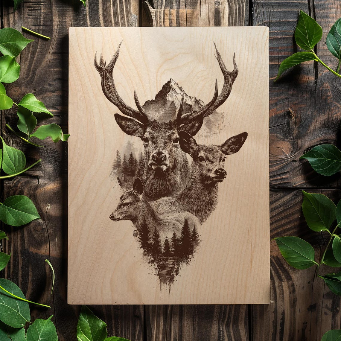 Elk Deer Mountain Engraving PNG | Woodland Wildlife Trio | Stag Buck ...