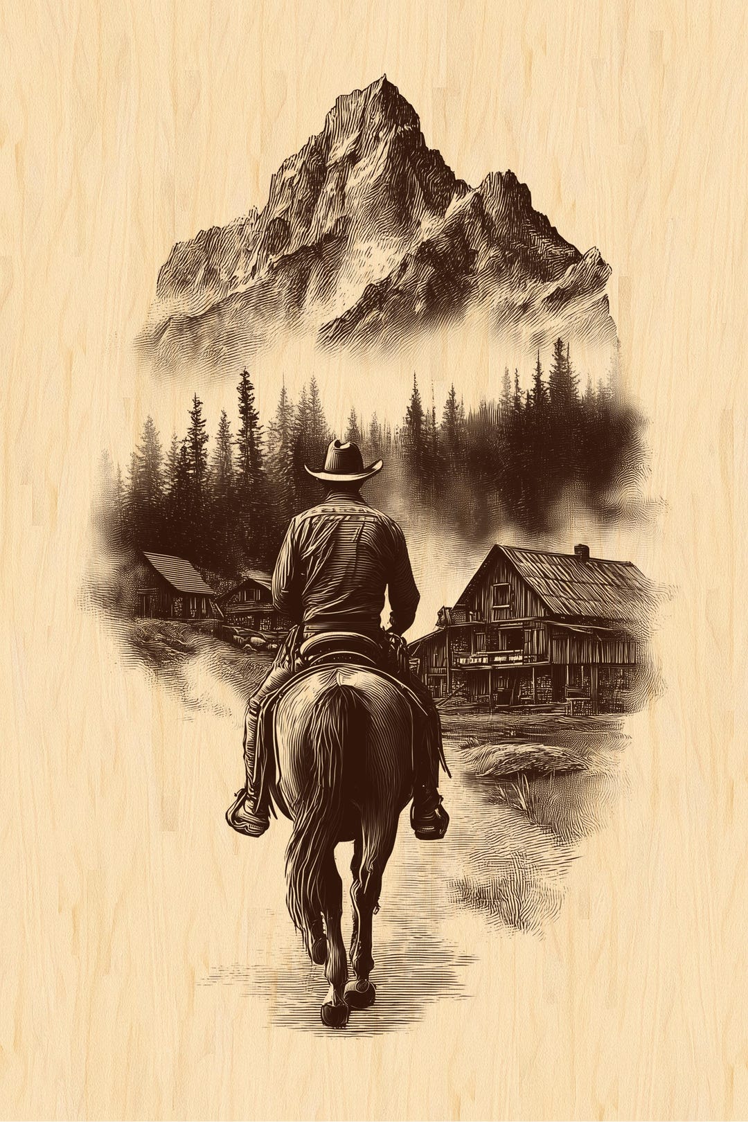 Cowboy Riding Into Rustic Cabin | Vintage Western PNG for Engraving ...