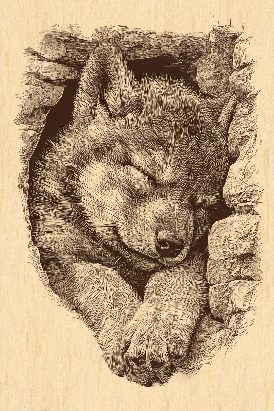 Sleeping Wolf Cub Wood Engraving PNG | Cute Baby Wolf Line Art for ...