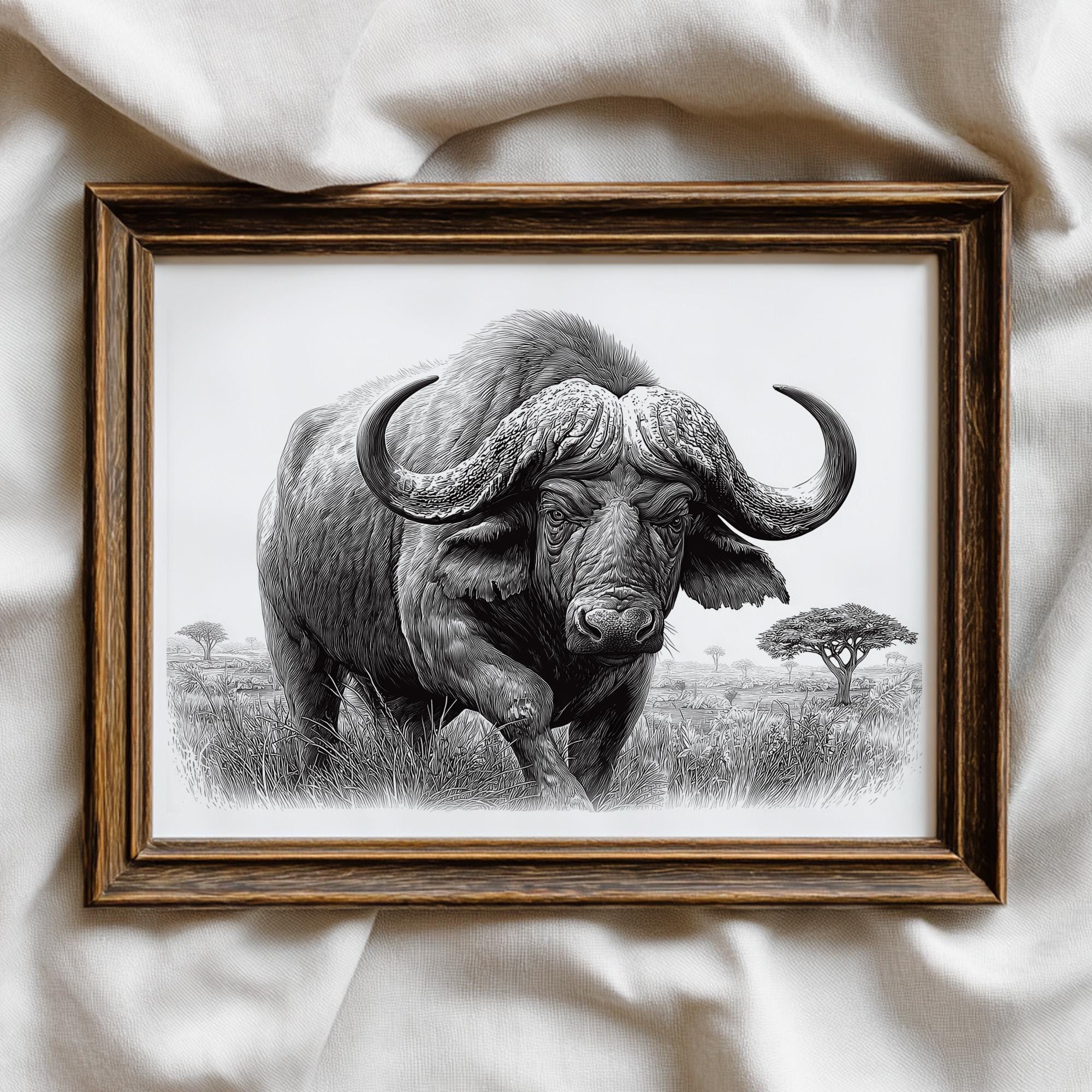 Wild African Buffalo Wood Engraving PNG | High-detail Wildlife Line Art ...