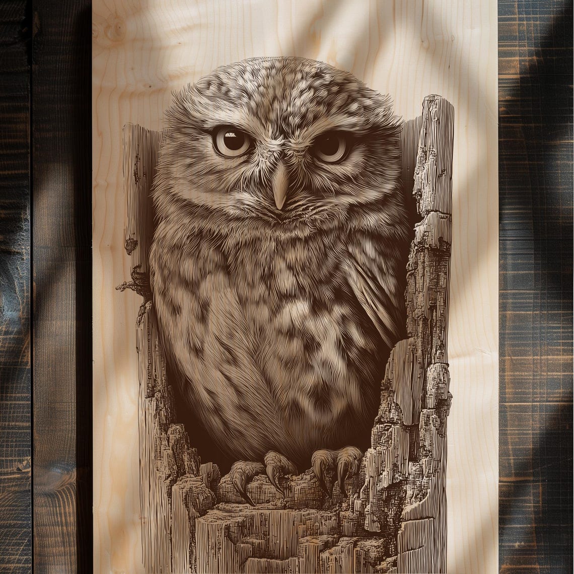 Owl Engraving PNG | Rustic Woodcut Wildlife Art | Digital File for CNC ...