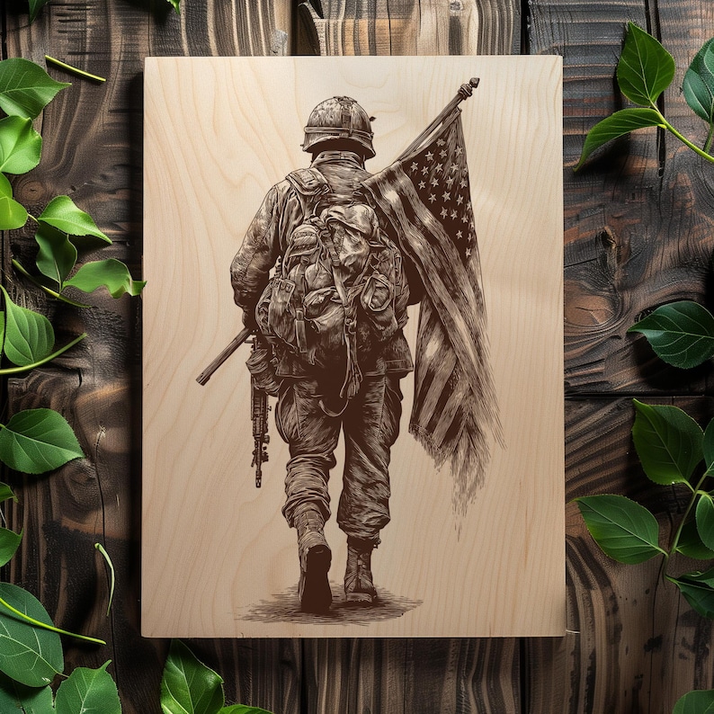 American Soldier Engraving | Patriotic Military Art | US Veteran Wood ...