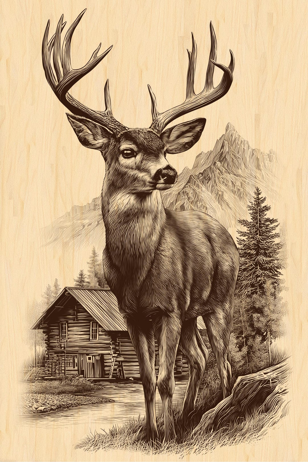 Deer Cabin Engraving PNG | Rustic Mountain Lodge Wildlife Art | Buck ...