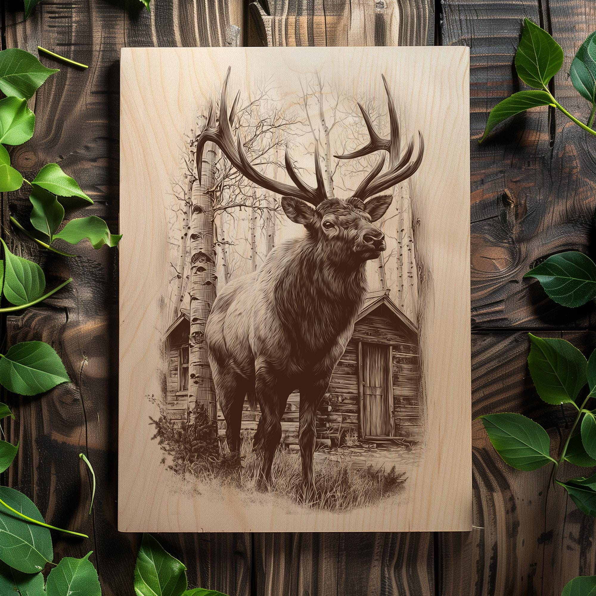 Elk Engraving PNG | Rustic Cabin With Forest Elk Artwork | Wilderness ...