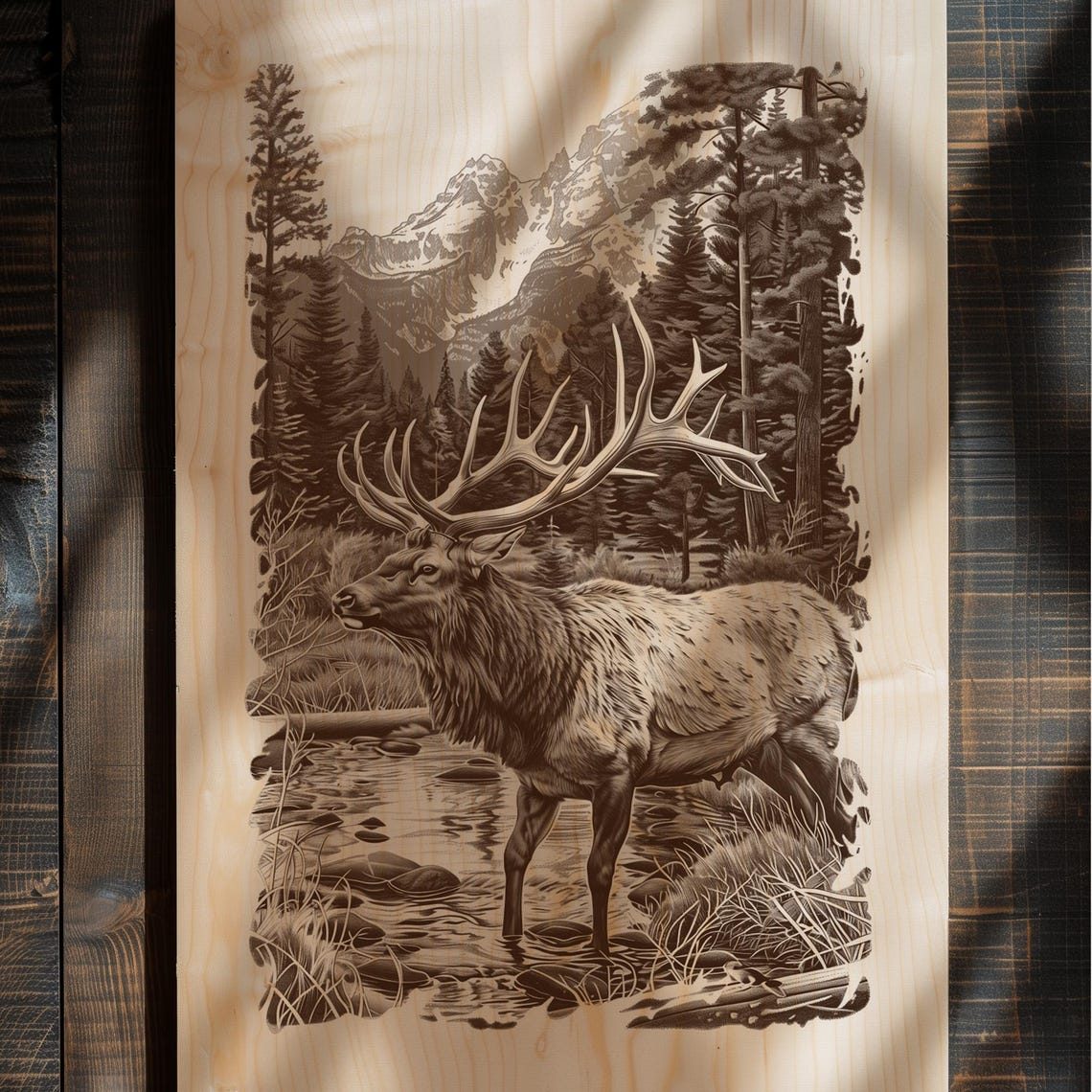 Elk Engraving PNG | Majestic Stag With Antlers in Mountain Forest ...