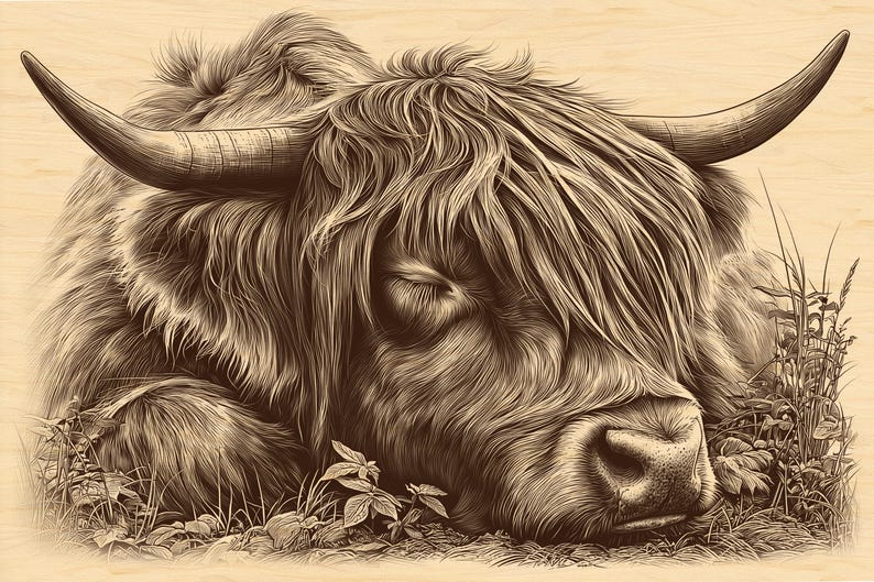 Sleeping Highland Cow Engraving PNG | Rustic Western Wood Art ...