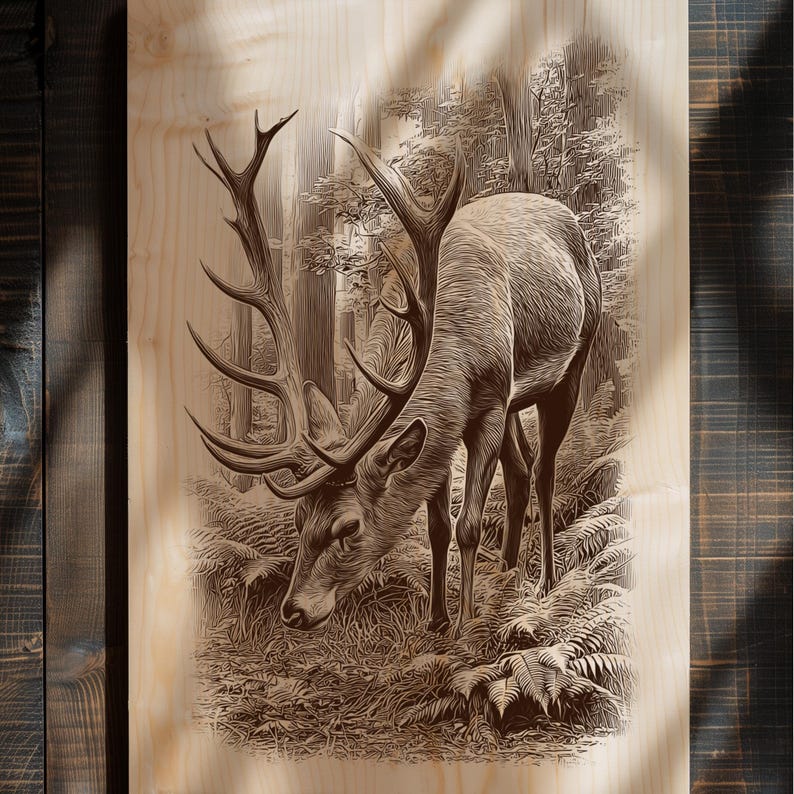 Majestic Deer Engraving PNG | Rustic Stag Wildlife Scene for Laser ...