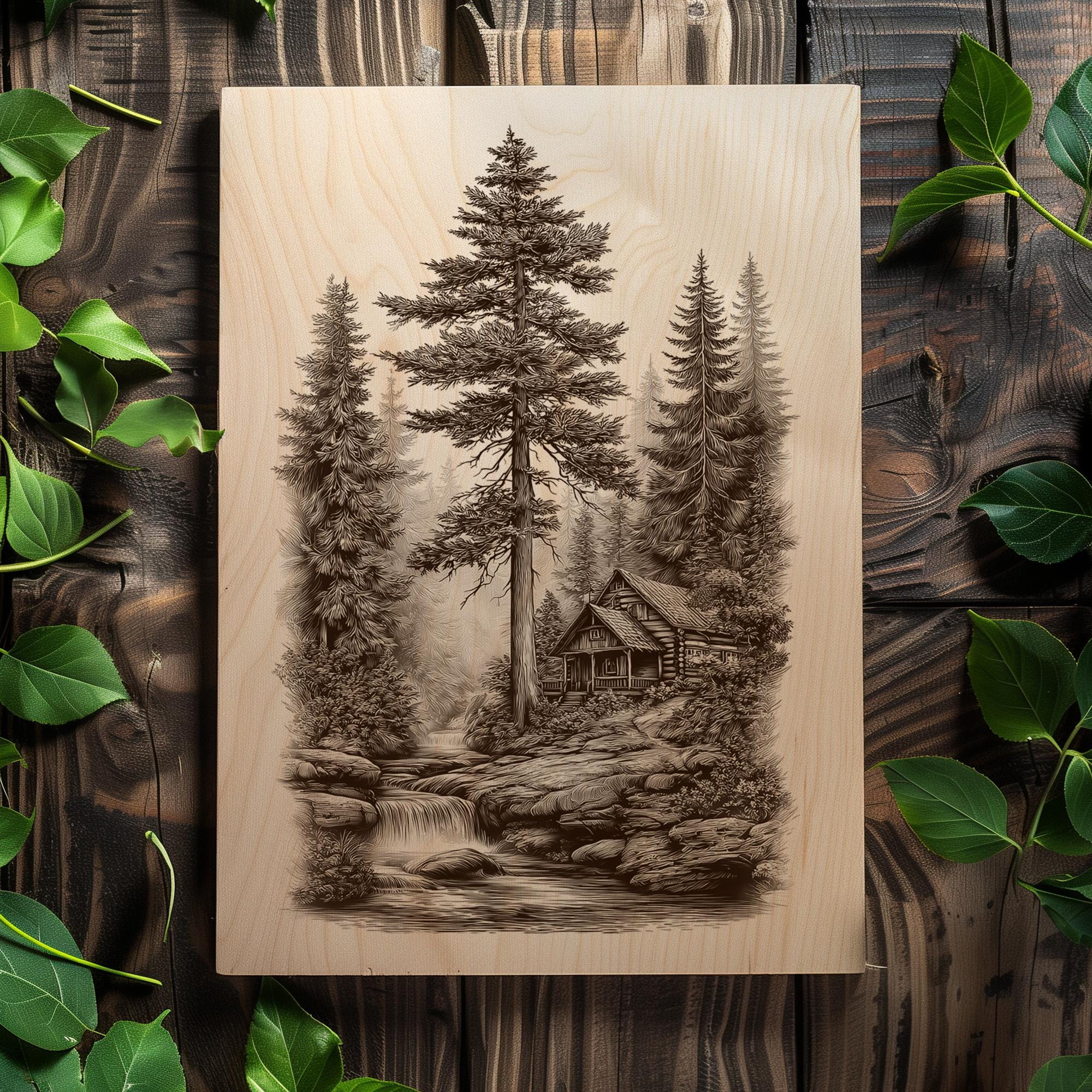 Forest Haven Cabin Engraving PNG | Riverside Landscape Laser Engraving ...