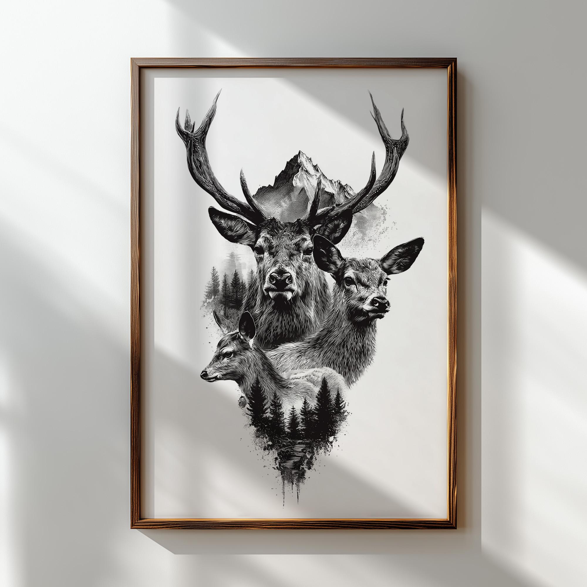 Elk Deer Mountain Engraving PNG | Woodland Wildlife Trio | Stag Buck ...