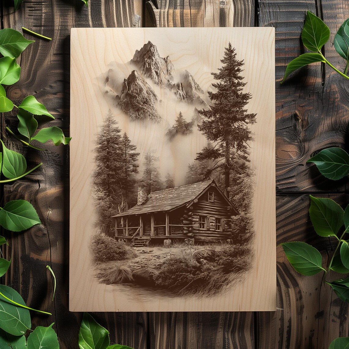 Rustic Mountain Cabin Engraving PNG | Misty Forest Wood Art | Cozy Log ...