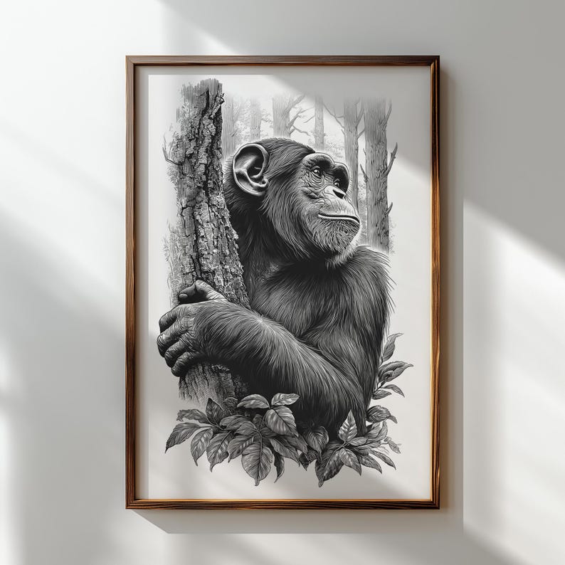 Chimpanzee Hugging Tree PNG | Jungle Animal Wall Art for Laser ...