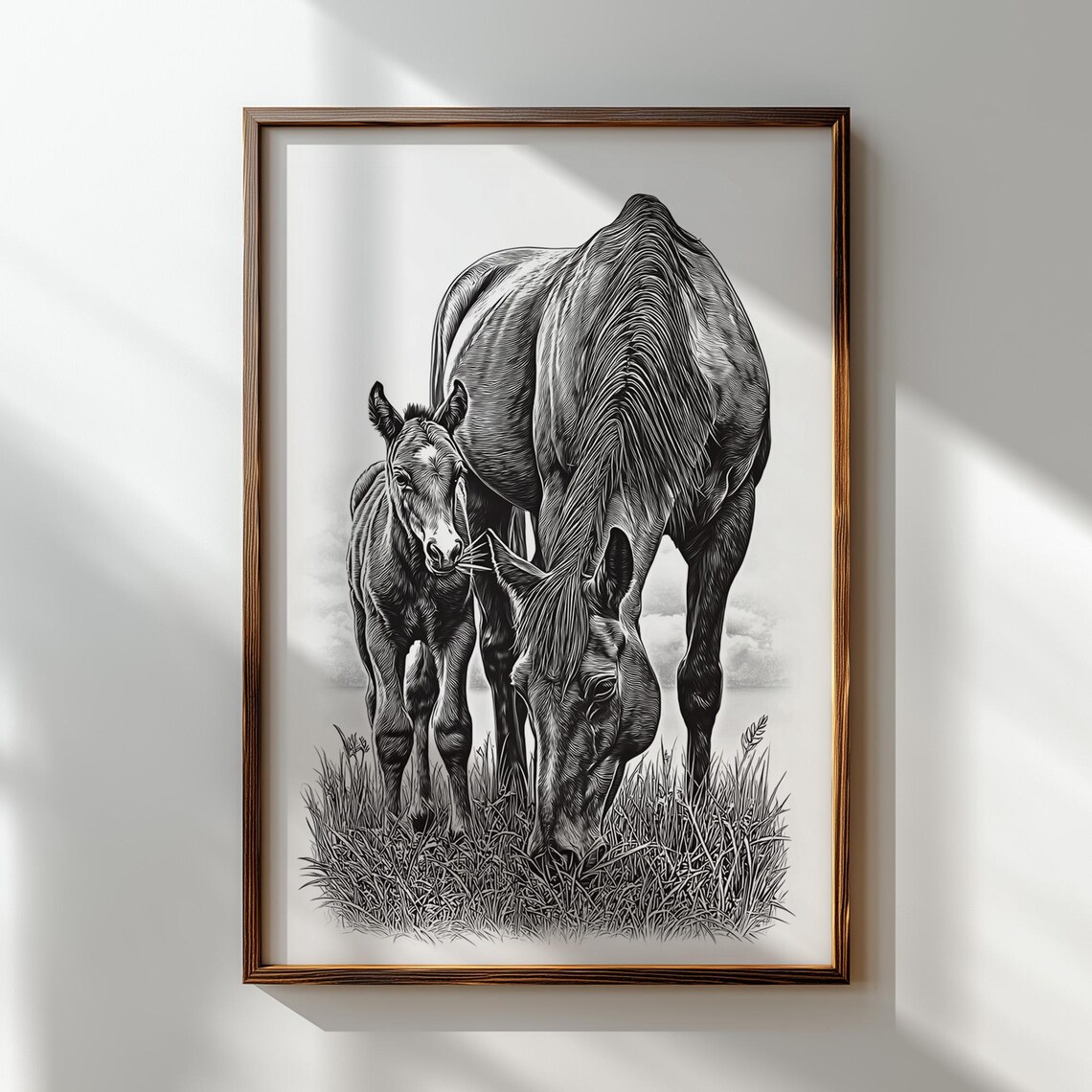 Horse and Foal Engraving PNG | Rustic Farmhouse Horse Art | Western ...