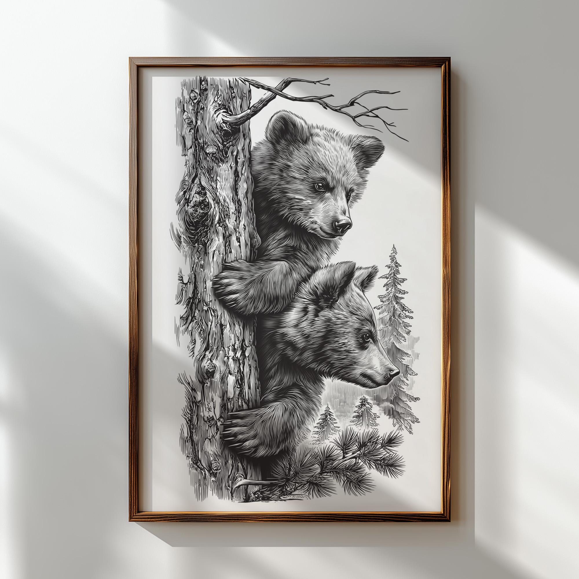 Two Bear Cubs Engraving PNG | Rustic Woodland Wildlife Art | Baby Bears ...