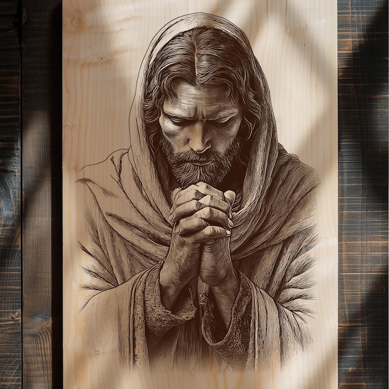 Jesus Praying Engraving PNG | Rustic Christian Wall Art | Spiritual ...