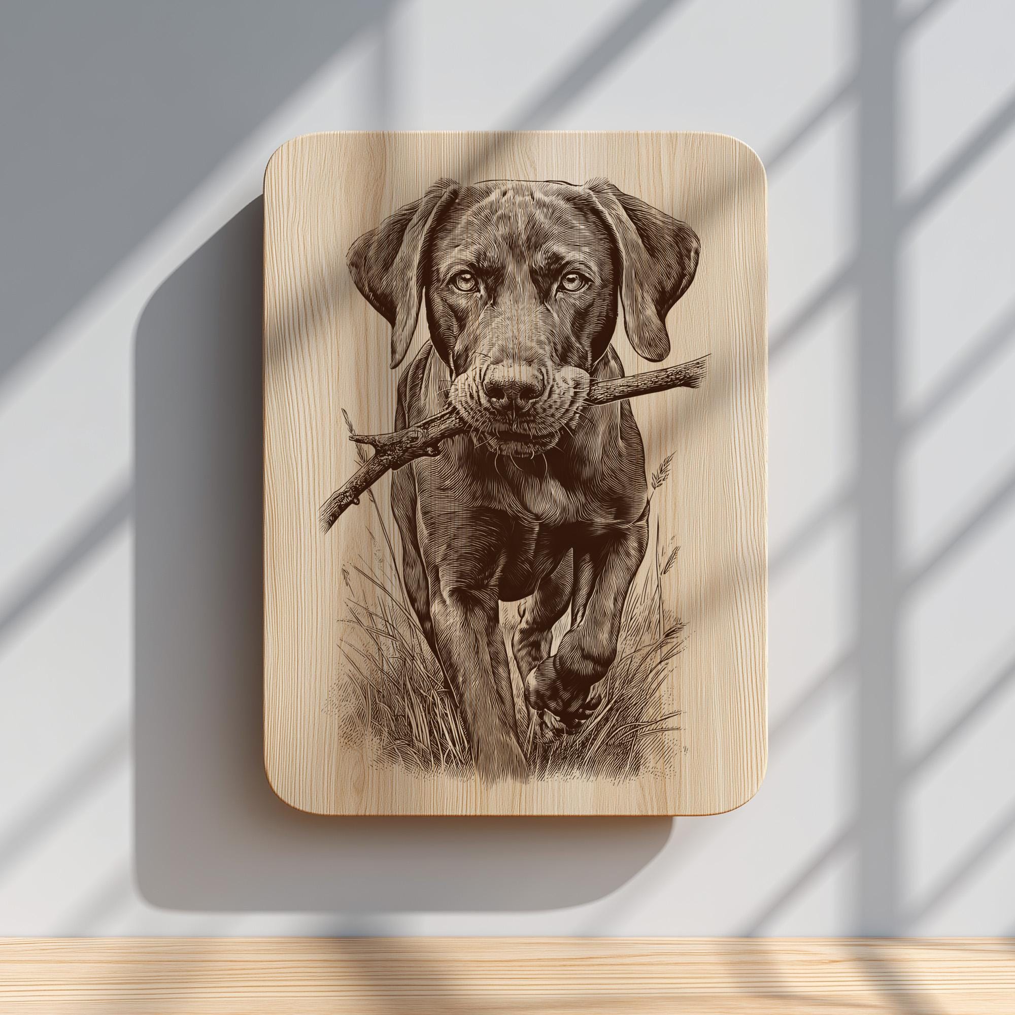 Hunting Dog With Stick PNG | Rustic Labrador Wood Engraving Design ...