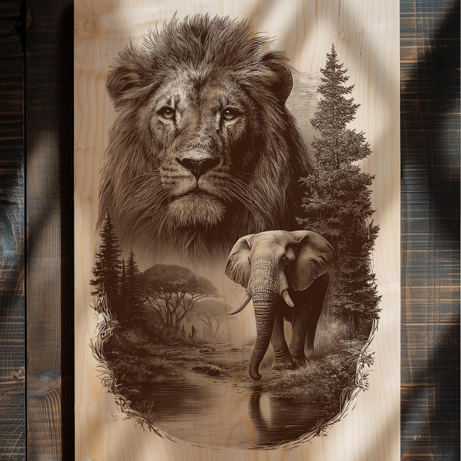 Lion and Elephant Engraving PNG | African Wildlife Laser Engraving File ...