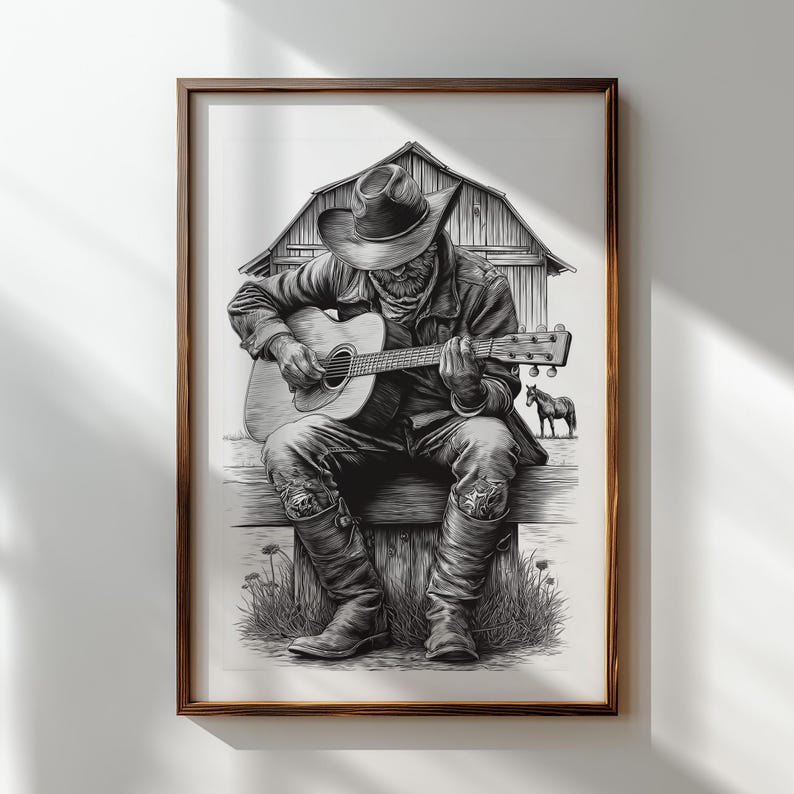 Cowboy Guitarist Engraving PNG | Western Musician Rustic Art | Laser ...