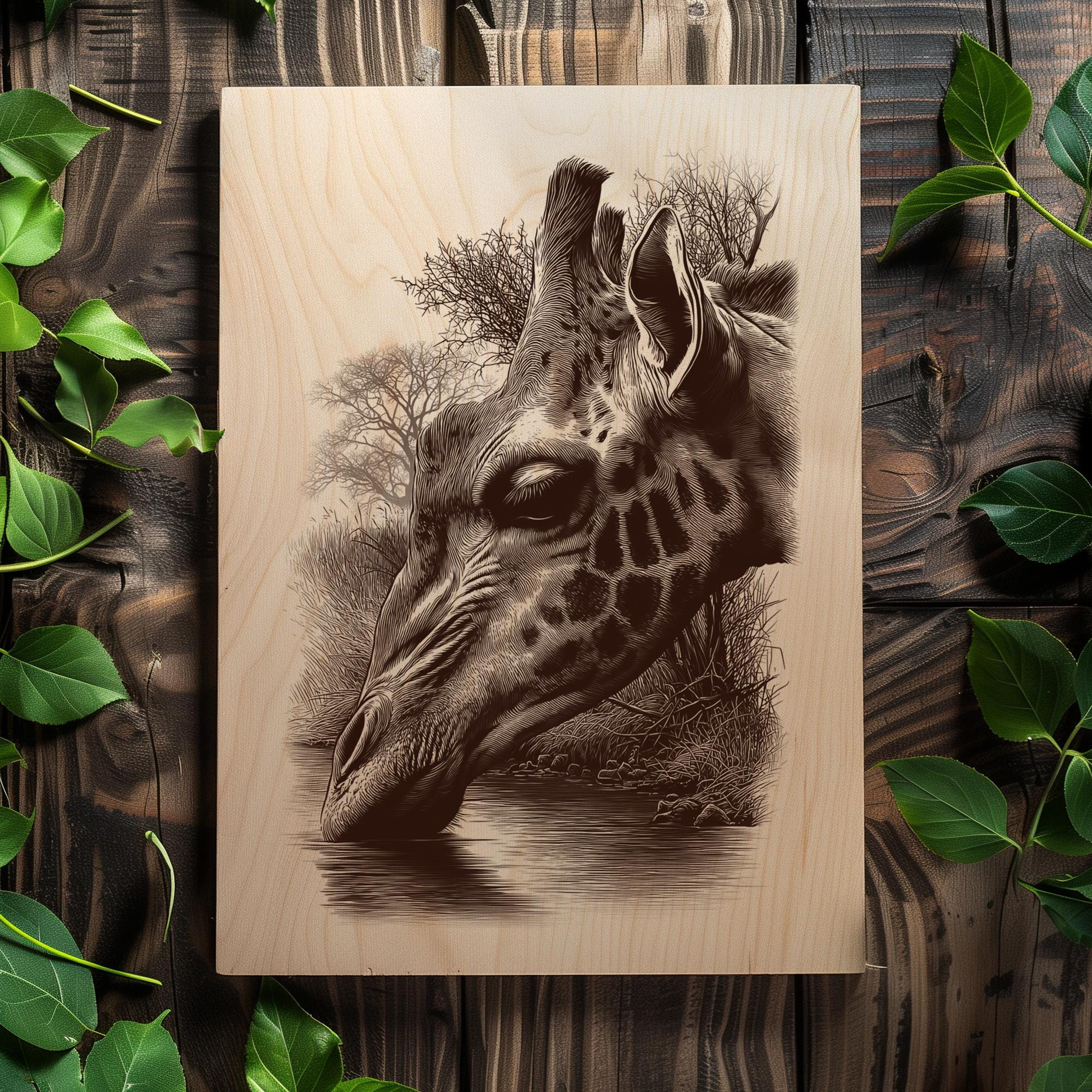 Drinking Giraffe in African Savanna | Wildlife Engraving PNG | Safari ...