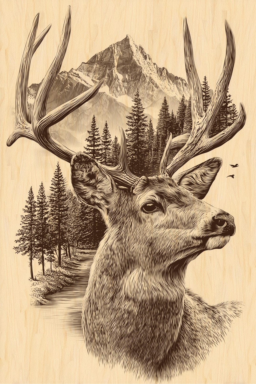 Majestic Deer Engraving PNG | Mountain Forest Wood Art | Stag ...