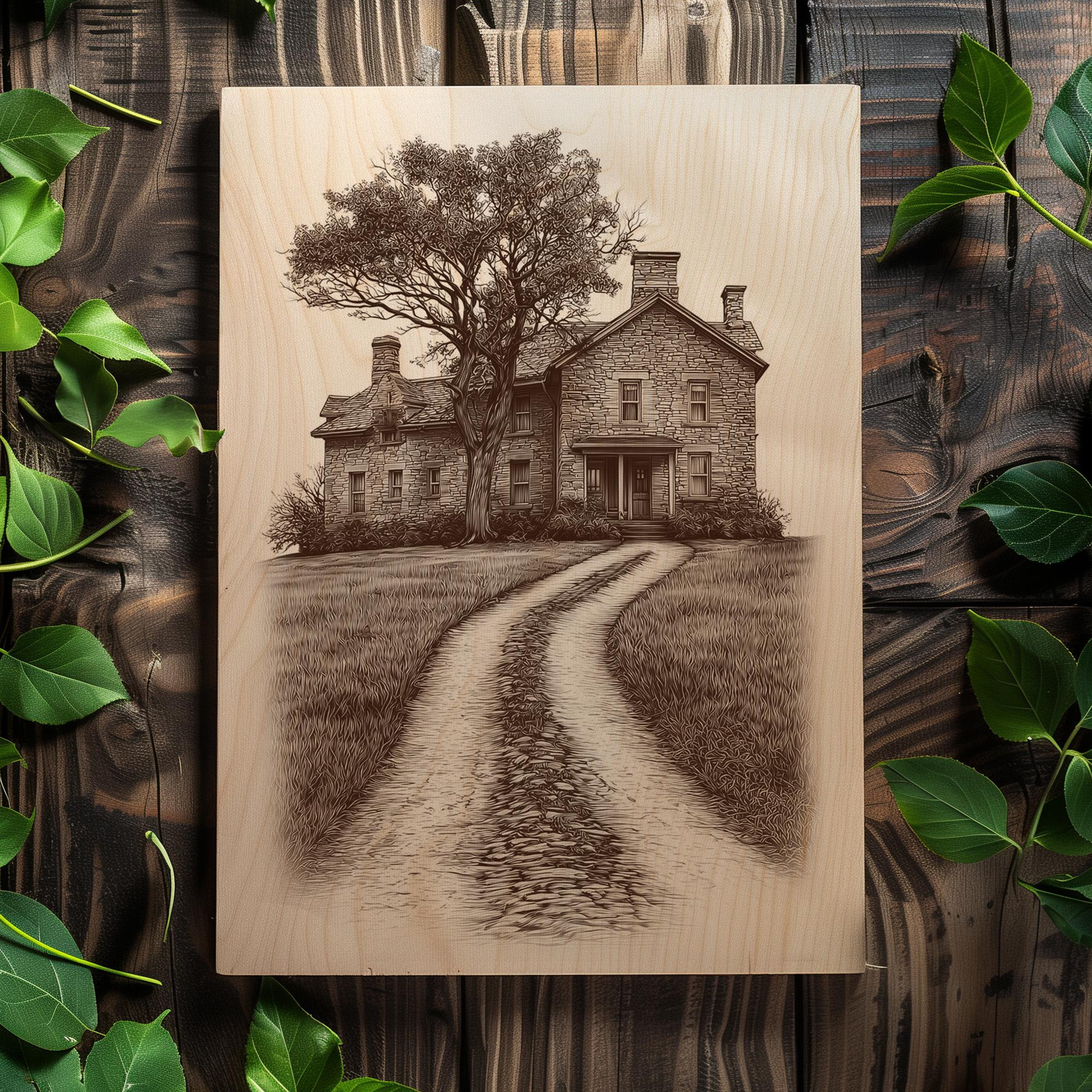 Rustic Stone Farmhouse Wood Engraving | Country Estate Illustration ...