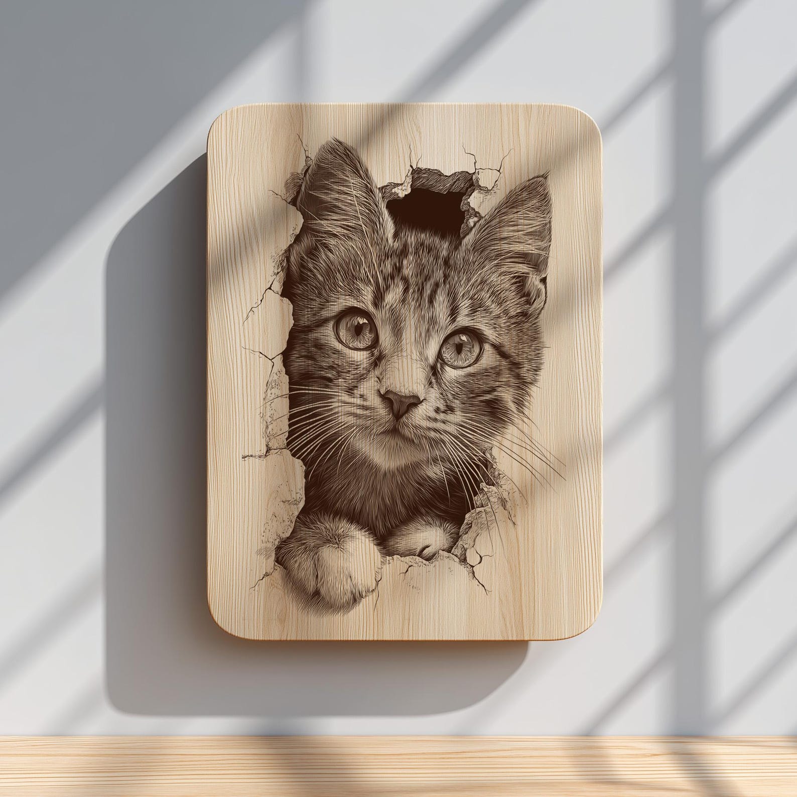 Cute Kitten Engraving PNG | Cat Breaking Wall Design | Rustic Pet Wall ...