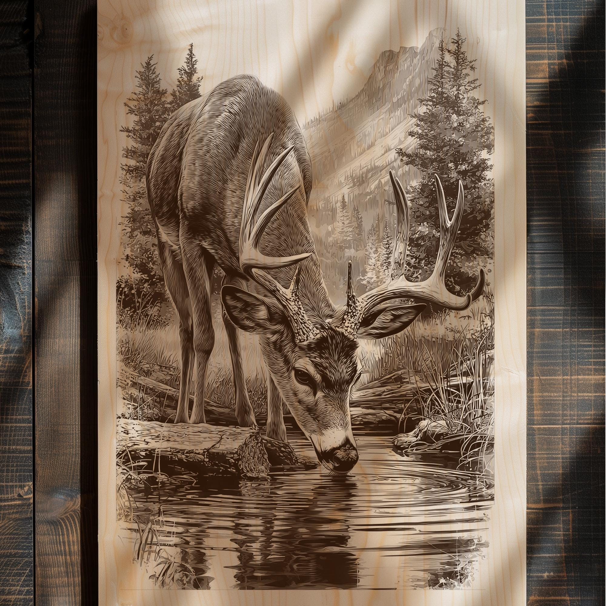 Deer Drinking Engraving PNG | Rustic Wildlife Digital File | Buck Laser ...
